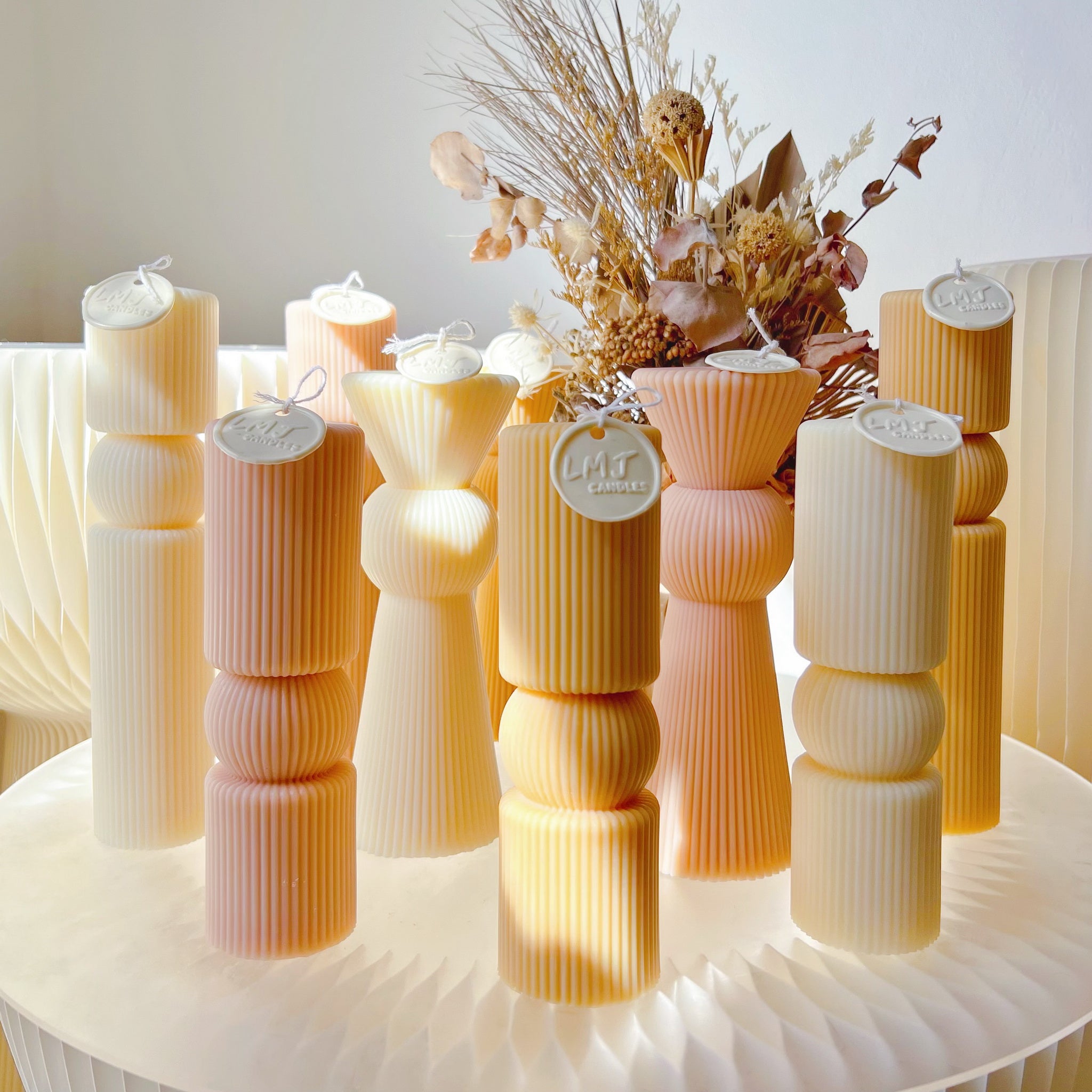 Ribbed Modern Marble Pillar Candle, Wedding & Home Décor - LMJ Candles